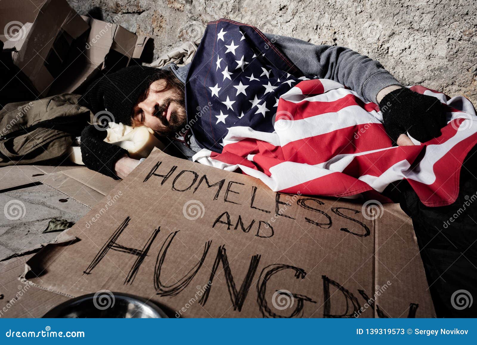 Homeless Man Sleeping Outsie Under American Flag Stock Image Image Of Banner Charity 139319573