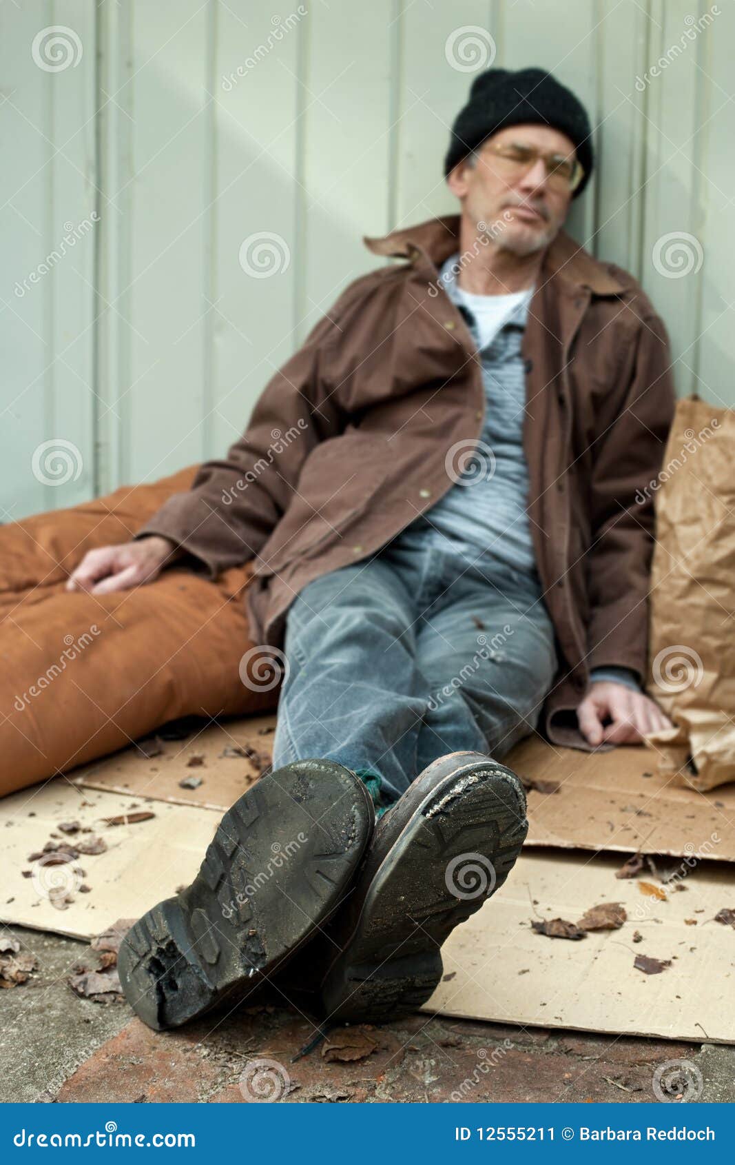 Homeless Man Sleeping on the Street Stock Image - Image of backback ...