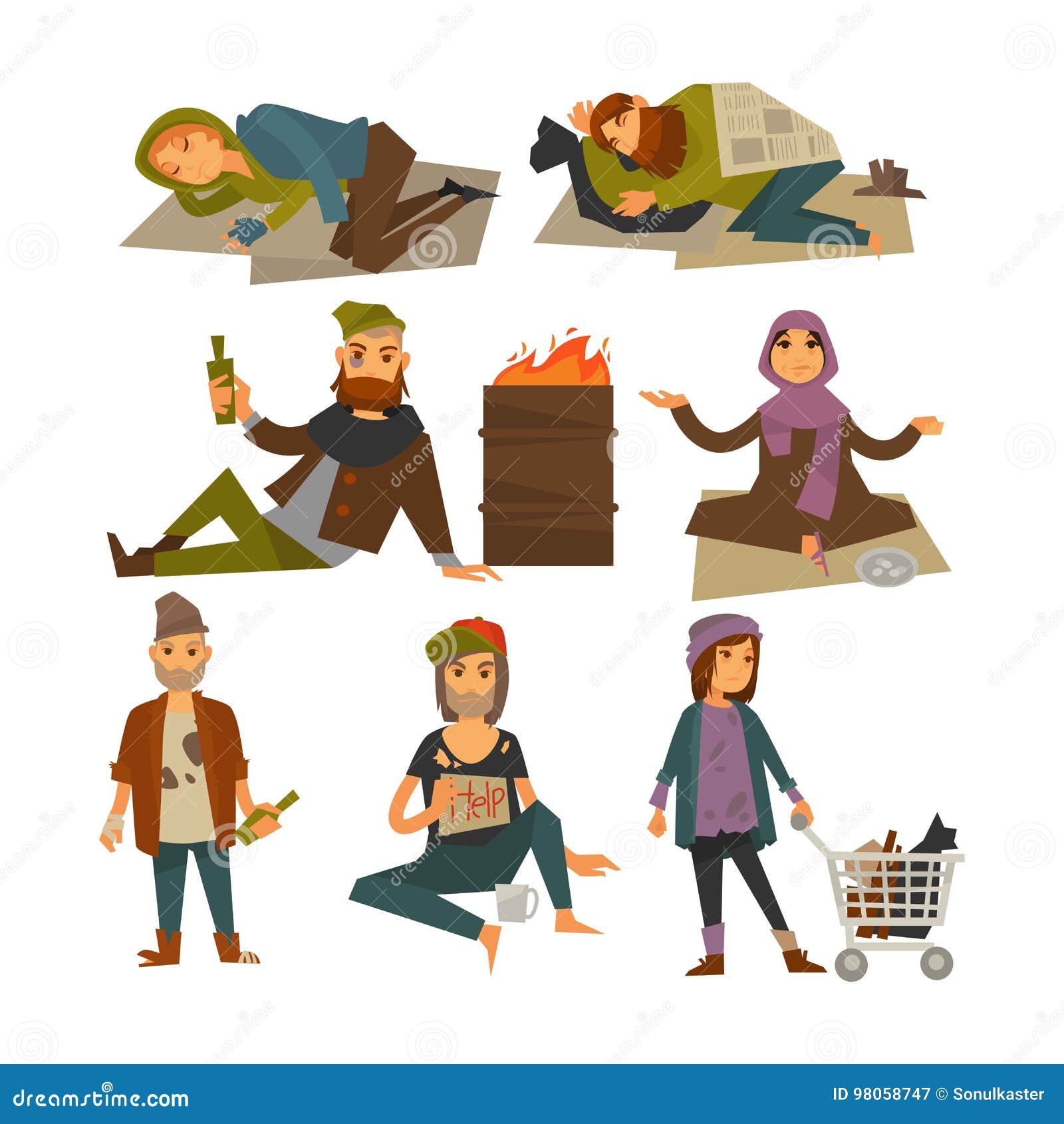 Homeless People, Beggars And Vagrants Vector Flat Isolated Icons ... Homeless People, Beggars And Vagrants Vector Flat Isolated Icons ...