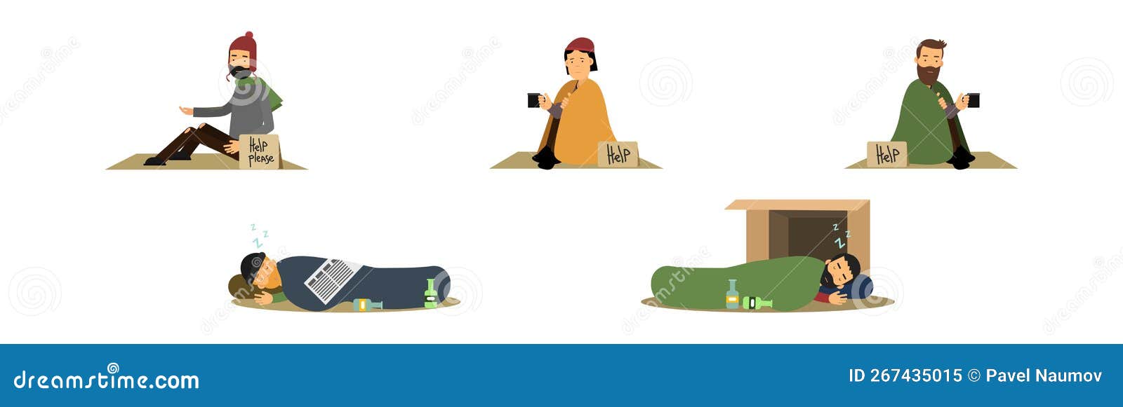 Homeless People Characters in Rags Begging for Help Vector Set Stock ...