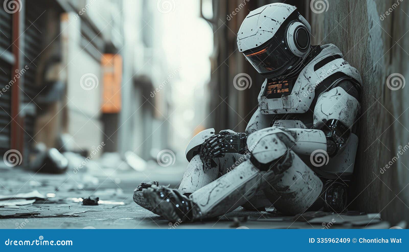 A Homeless Robot Sits on the Floor in the City Generative AI Stock ...