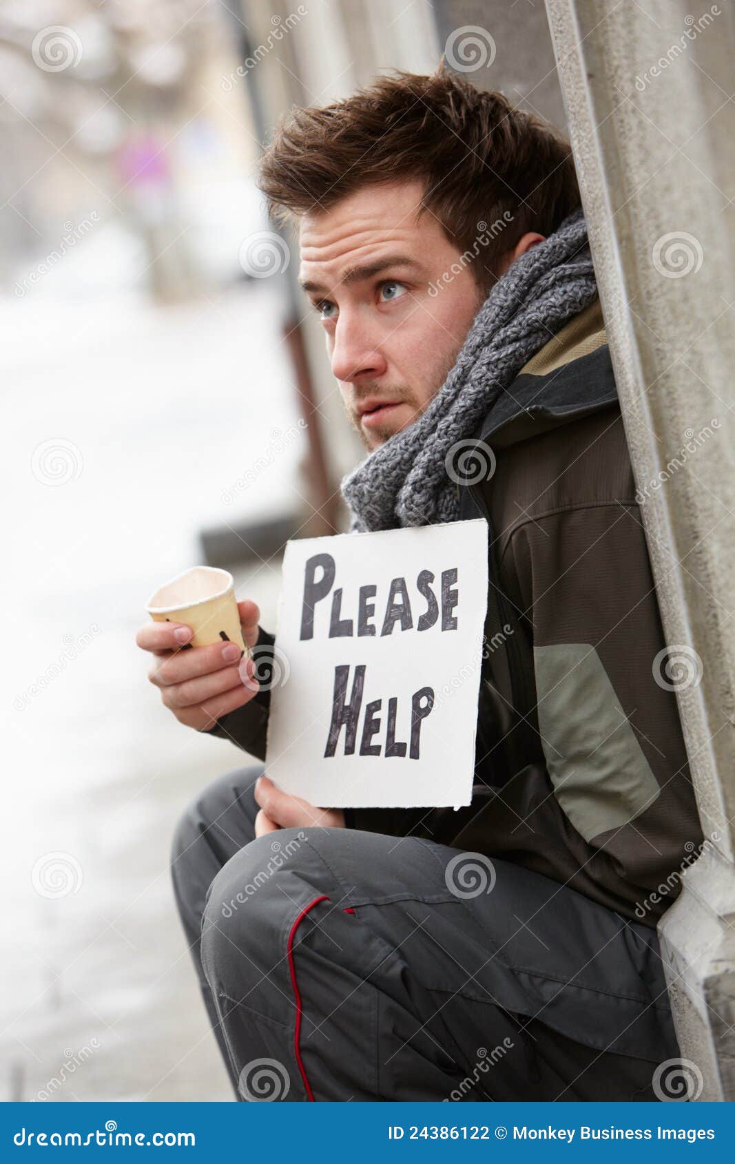 Homeless Young Man Begging in Street Stock Photo - Image of street ...