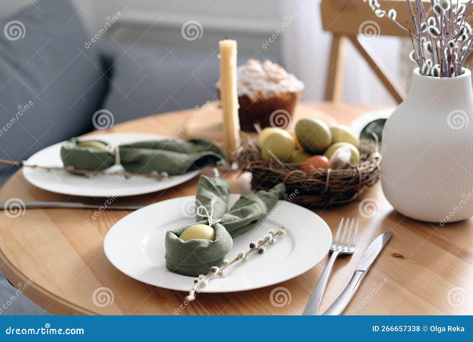 Beautiful Easter Table with Pastries, Willow Branches, Eggs and Candles ...