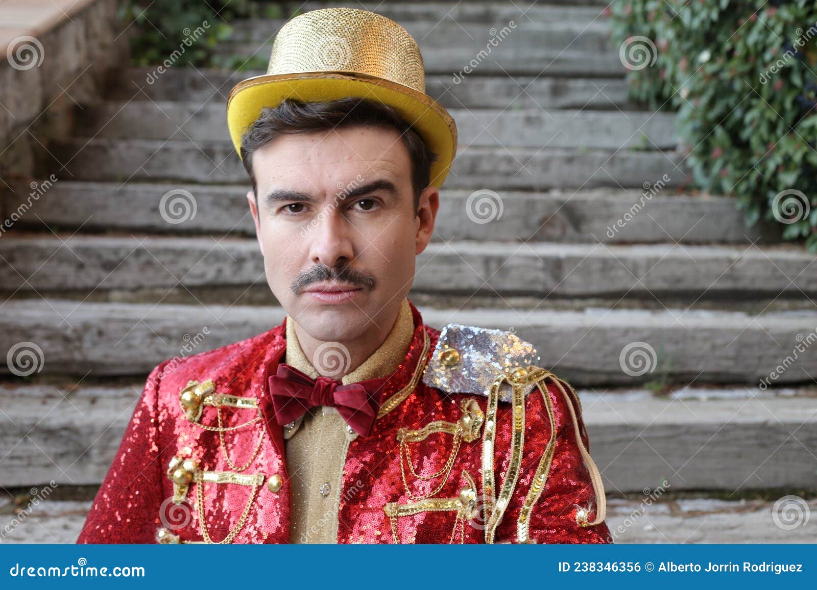 Homem Com Bigode Usando Roupa Brilhante E Vermelha Foto de Stock ...