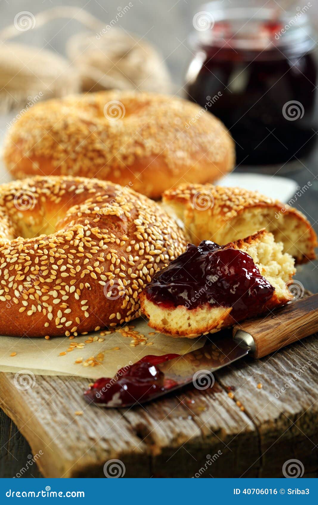 Homemade bagel with jam. stock photo. Image of table - 40706016