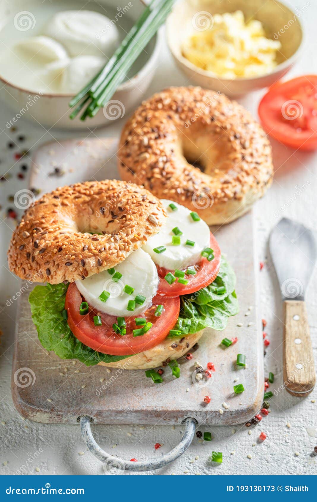 Homemade Bagel with Tomatoes, Mozzarella and Lettuce Stock Image ...