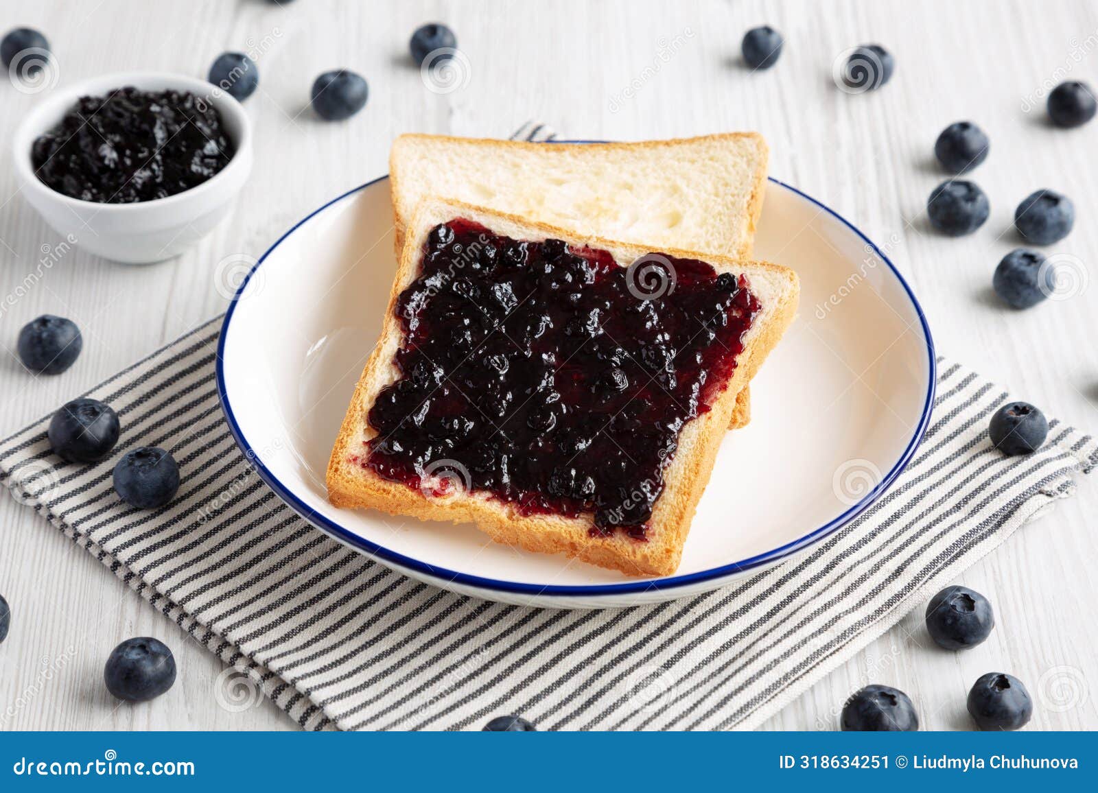 Homemade Blueberry Jam and Toast on a Plate, Side View Stock Image ...