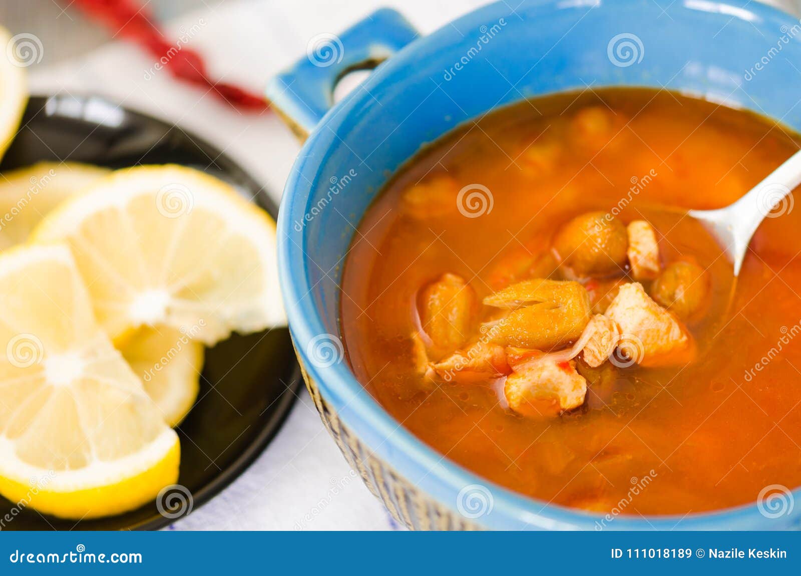 Homemade Bombo Soup in a Blue Bowl with on the Table. Stock Image ...