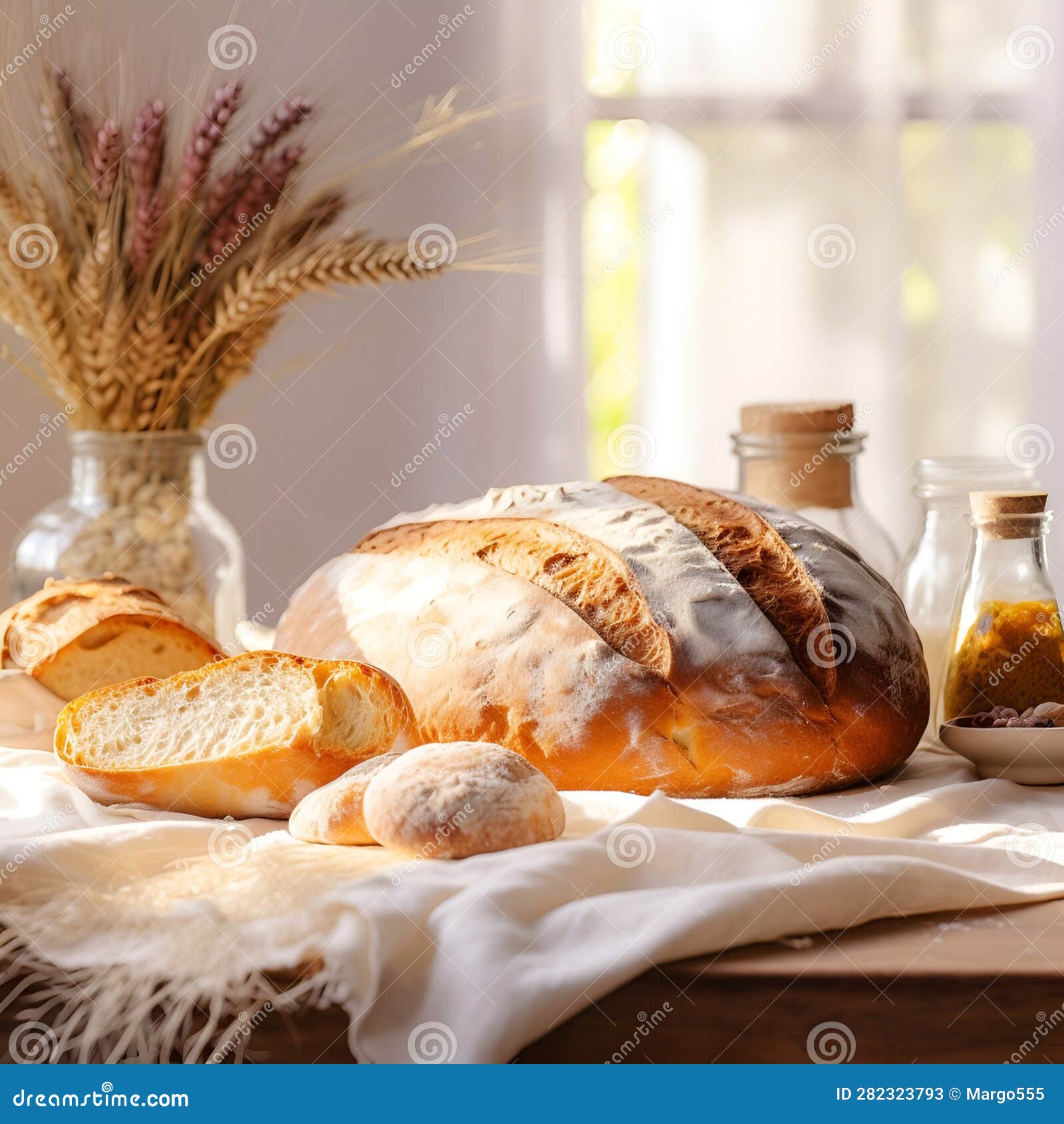 Homemade Bread Closeup on Tables Stock Illustration - Illustration of ...