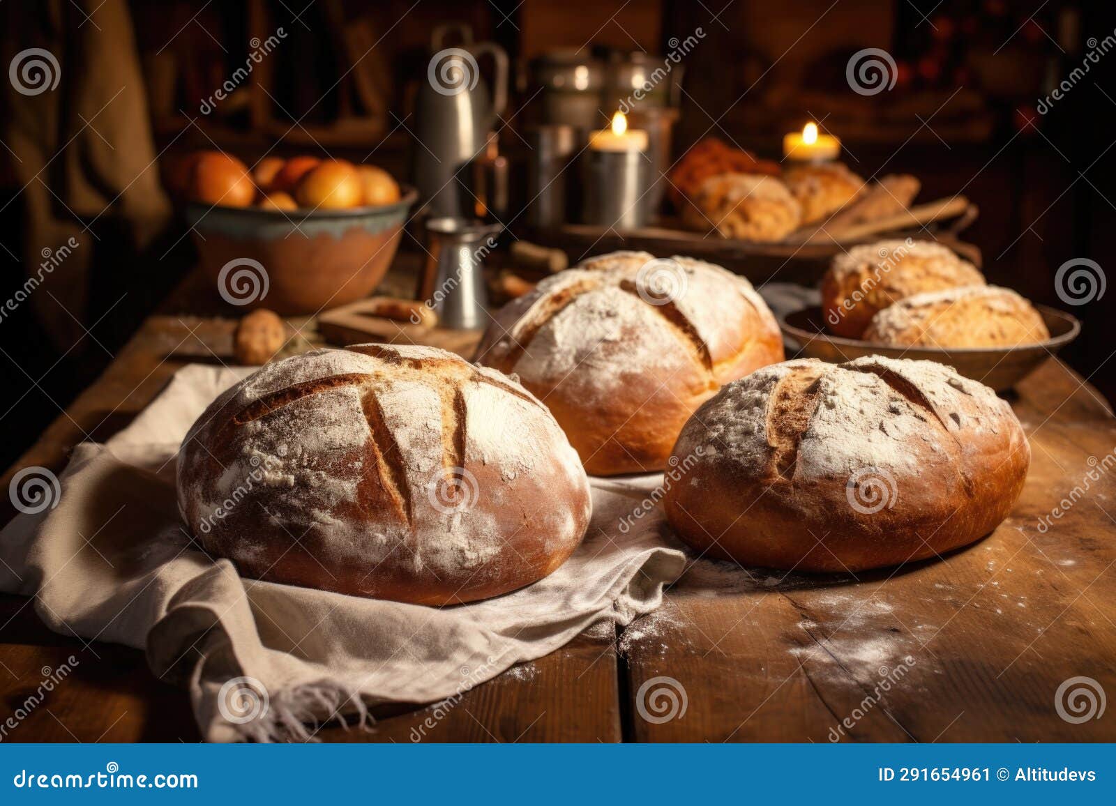 Homemade Bread Loaves on a Wooden Table Stock Image - Image of bakery ...