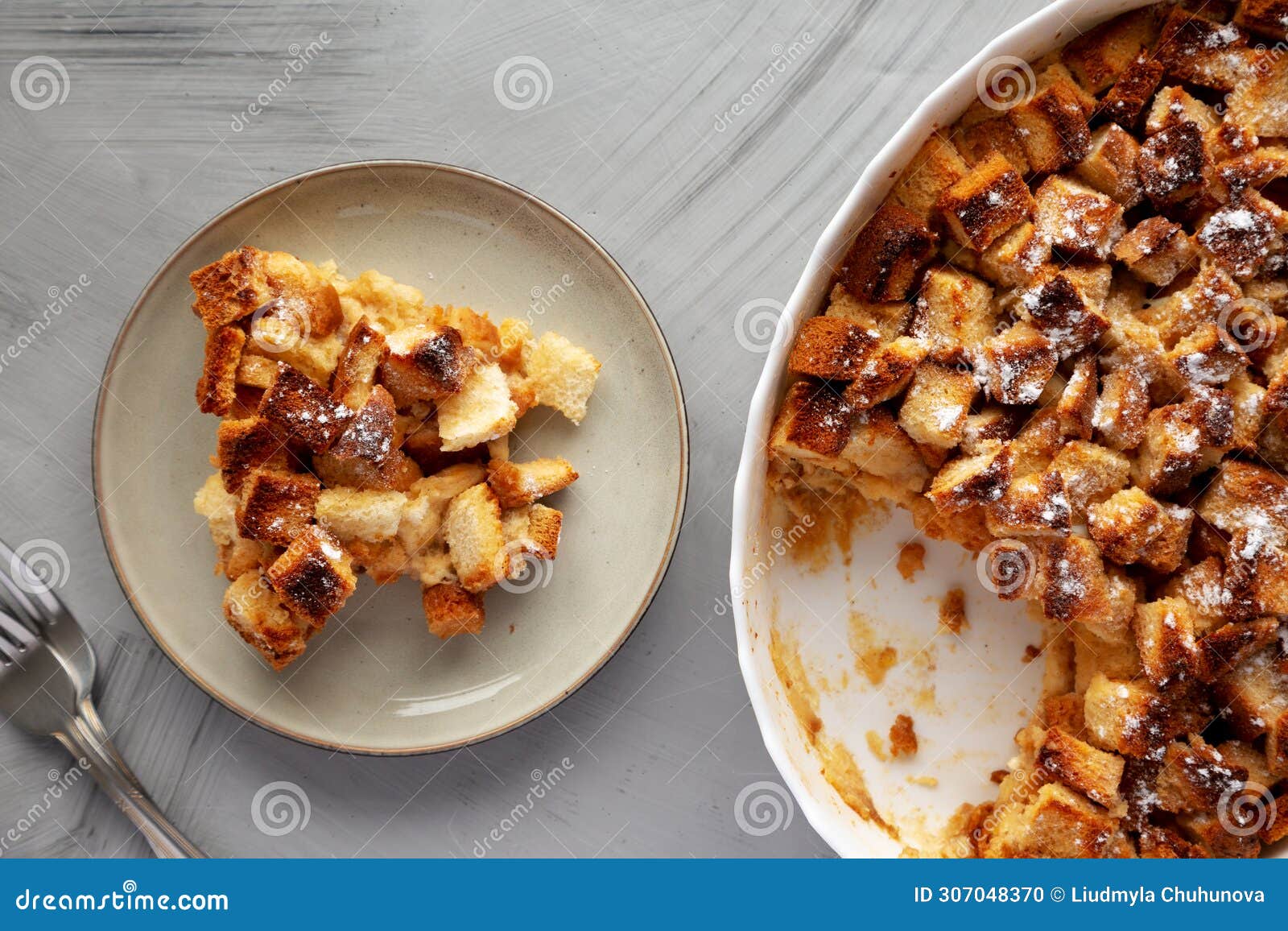 Homemade Bread Pudding on a Plate, Top View. Flat Lay, Overhead, from ...