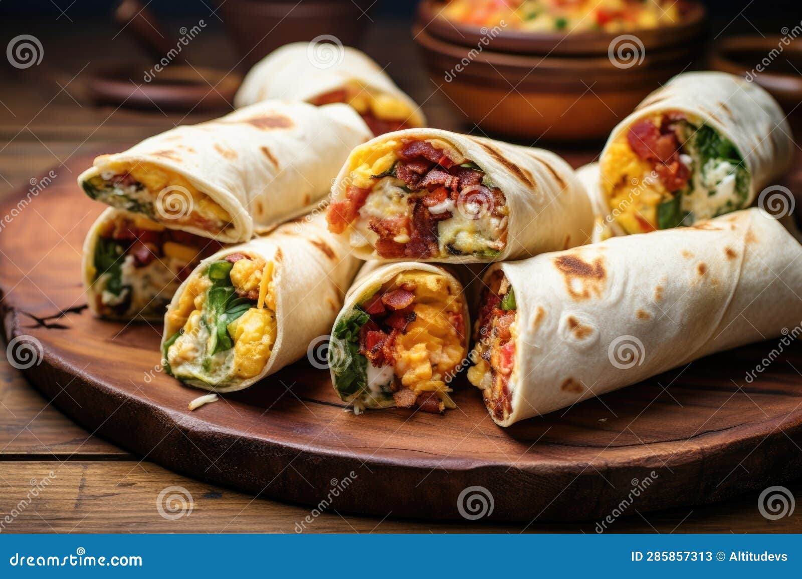 Homemade Breakfast Burritos Lined Up on a Rustic Tray Stock Image ...