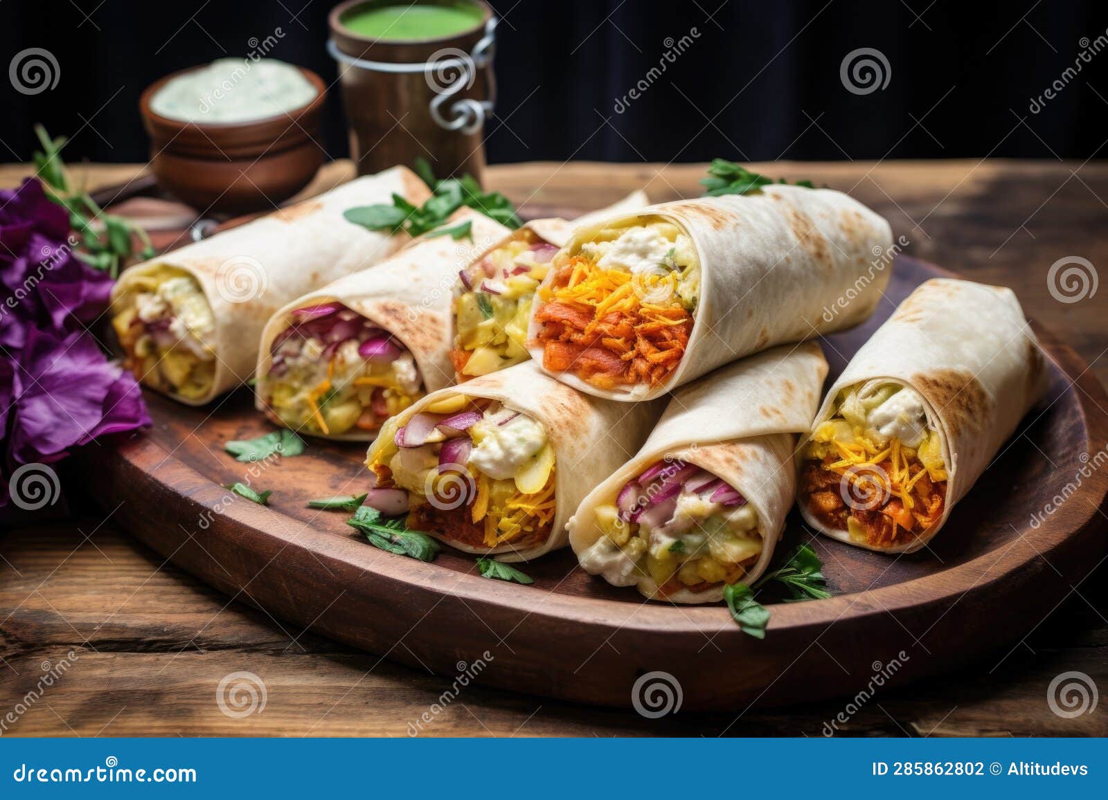 Homemade Breakfast Burritos Lined Up on a Rustic Tray Stock Photo ...