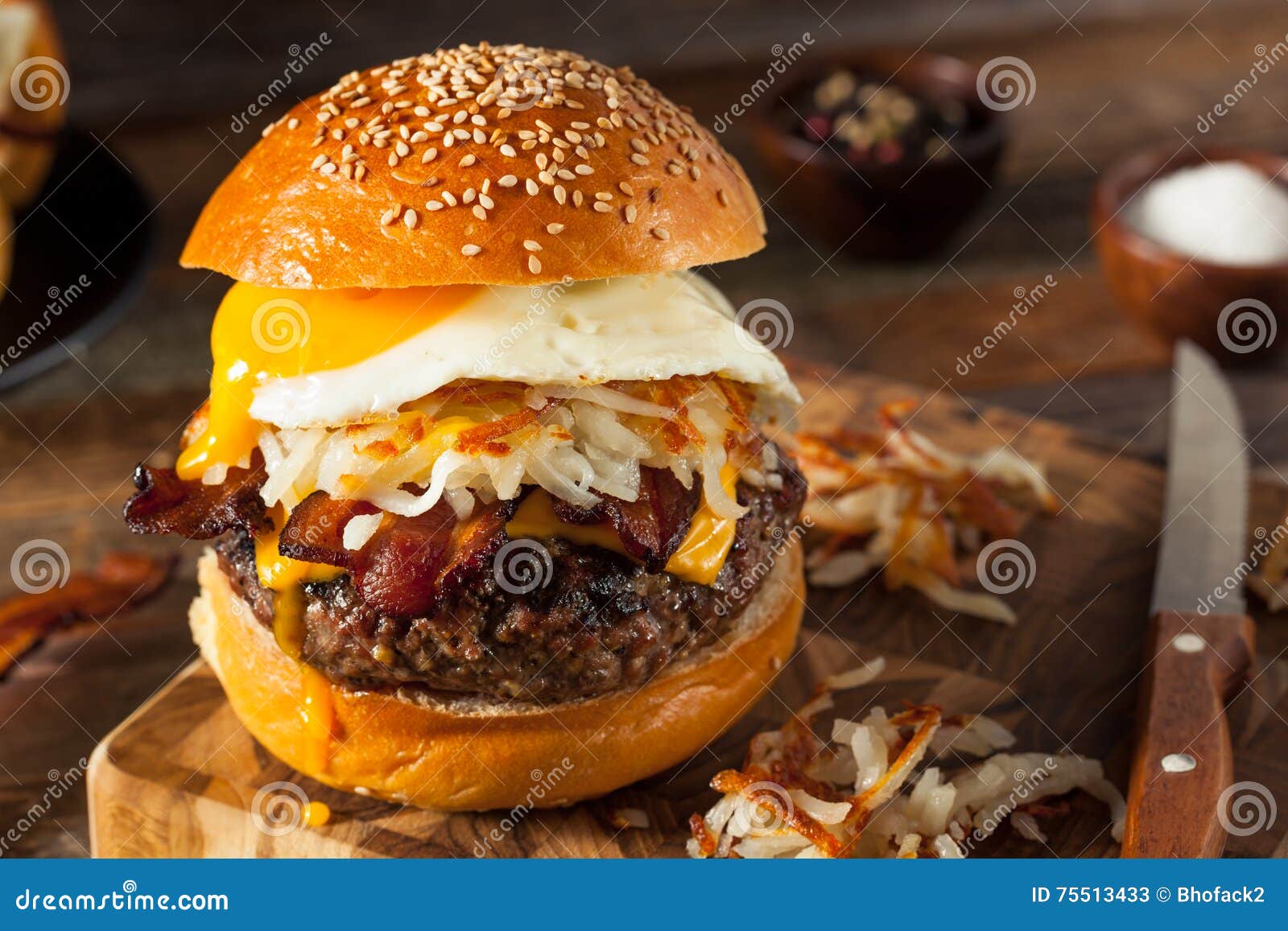 Homemade Breakfast Cheeseburger with Bacon Stock Image - Image of ...