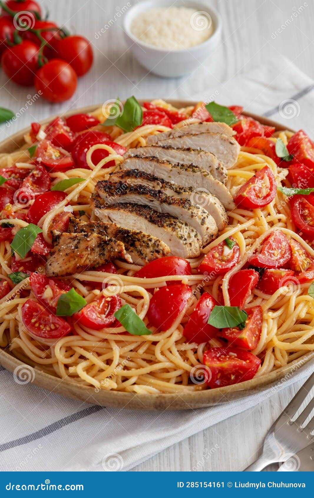 Homemade Bruschetta Chicken Pasta on a Plate, Side View Stock Image ...