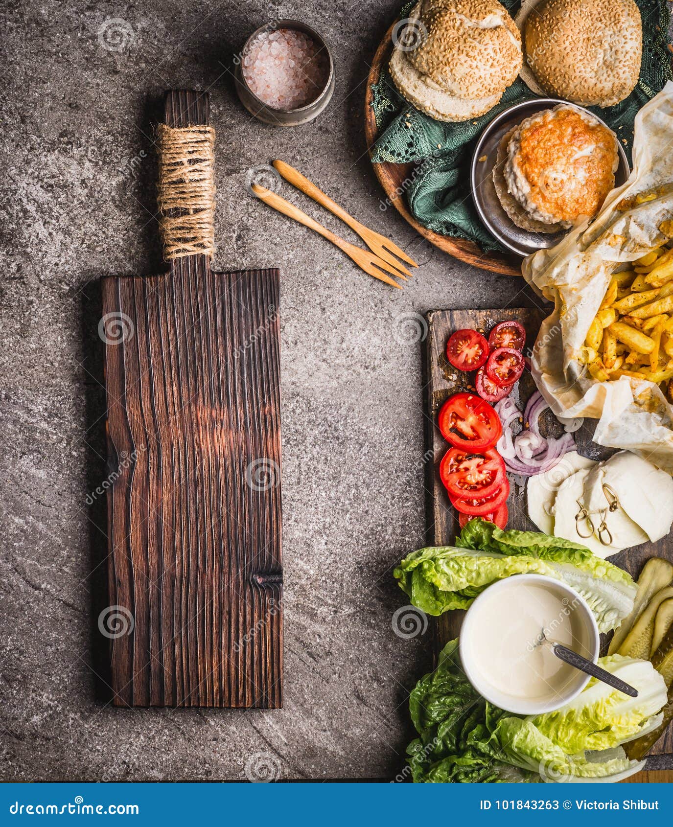 Homemade Burger Ingredients on Kitchen Table Background with Cutting ...