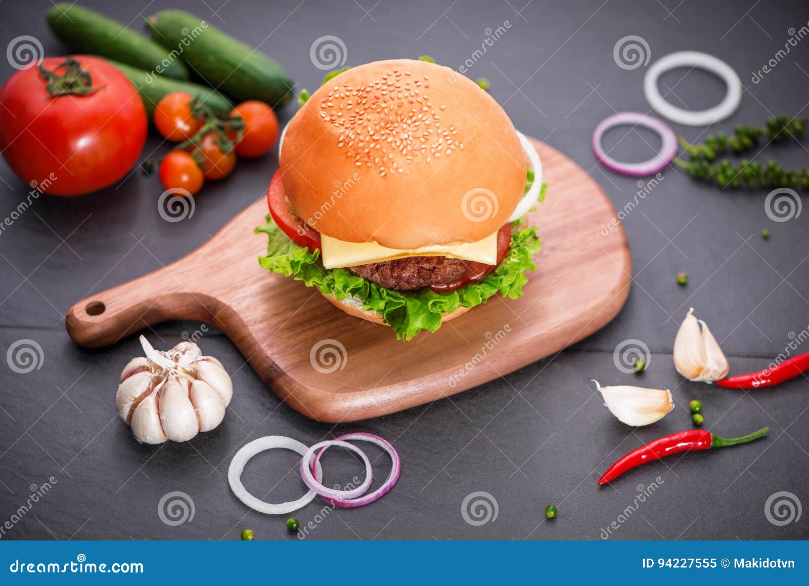 Homemade Burger on Table. Top View, Copy Space, Horizontal Stock Image ...
