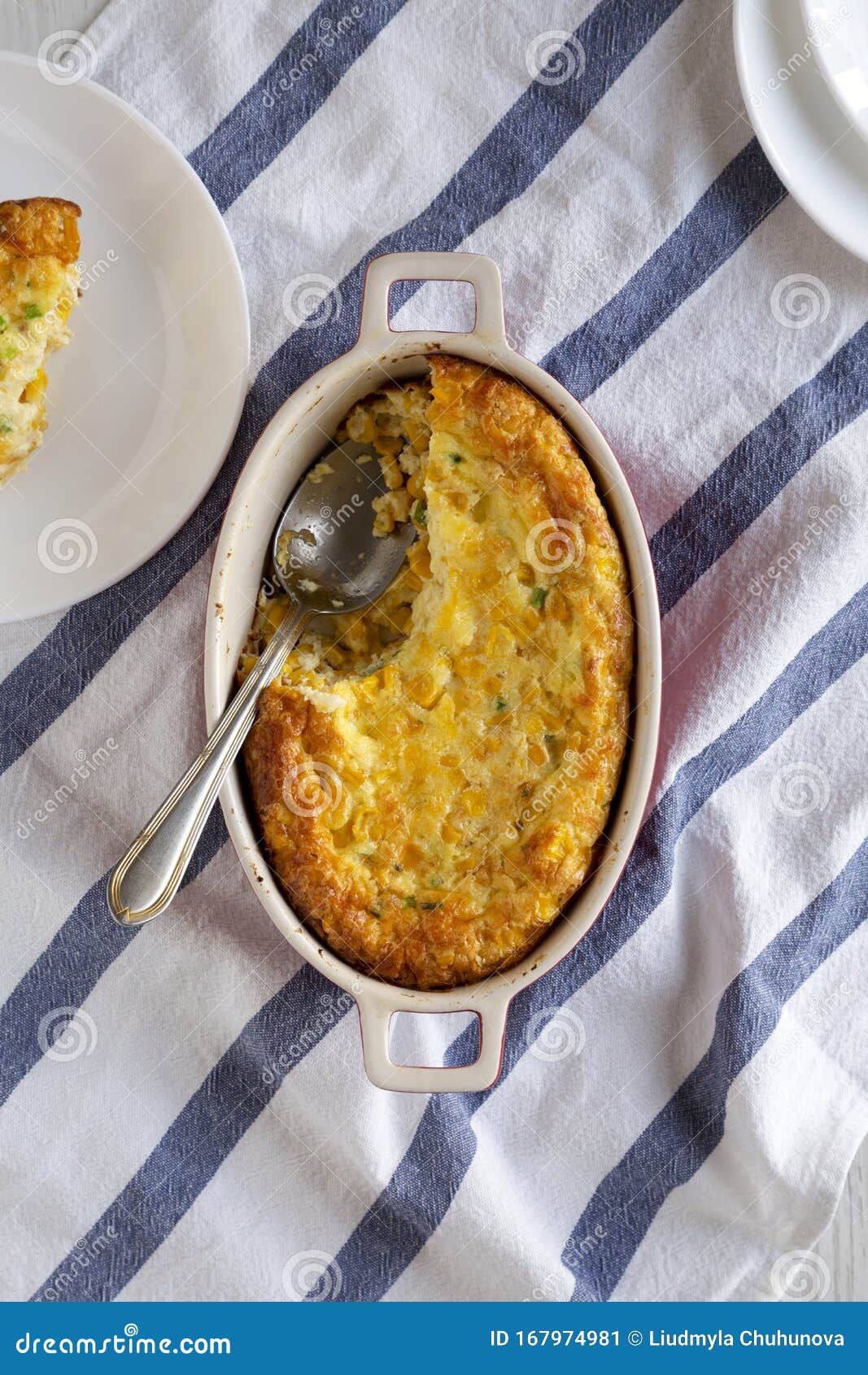 Homemade Cheddar Corn Pudding Casserole, Top View. Flat Lay, from Above ...