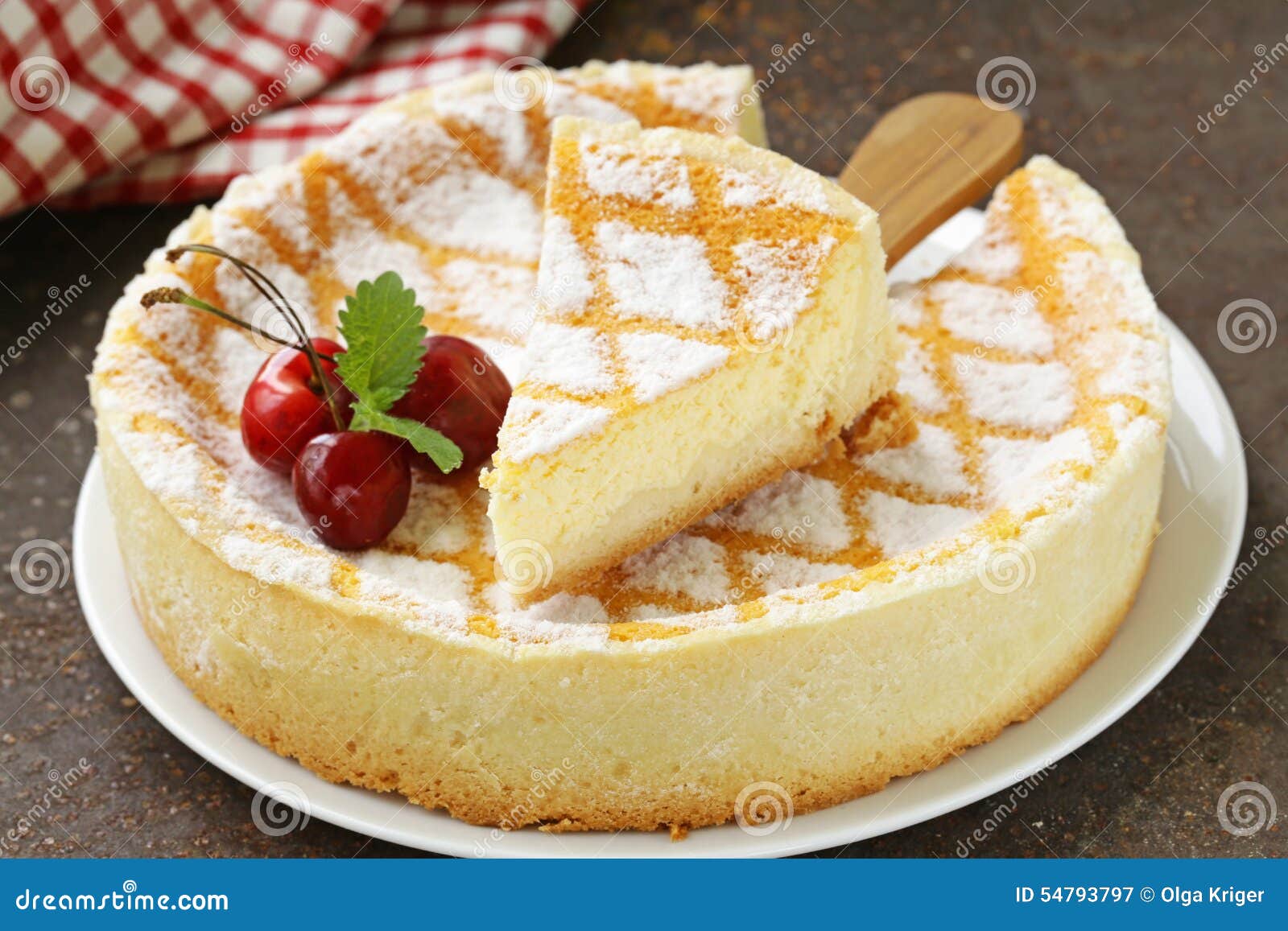 Homemade Cheesecake with Powdered Sugar and Cherry Stock Image - Image ...