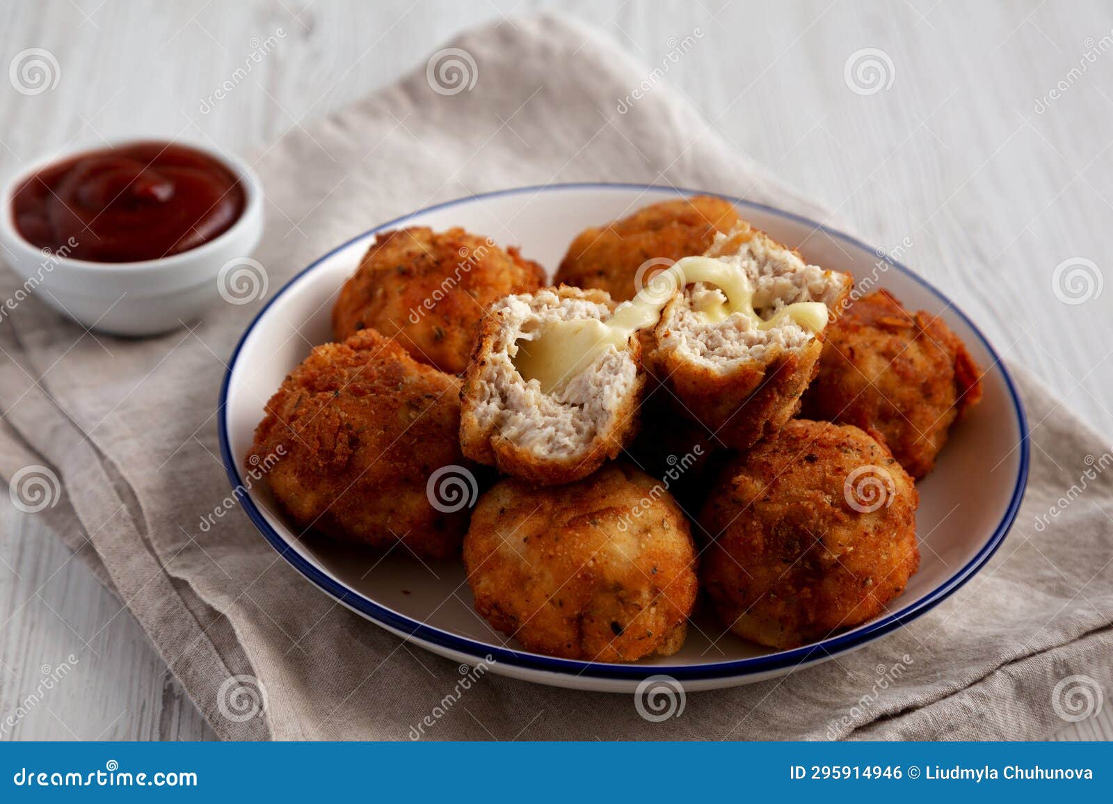 Homemade Cheesy Chicken Nuggets with Ketchup, Low Angle View Stock ...