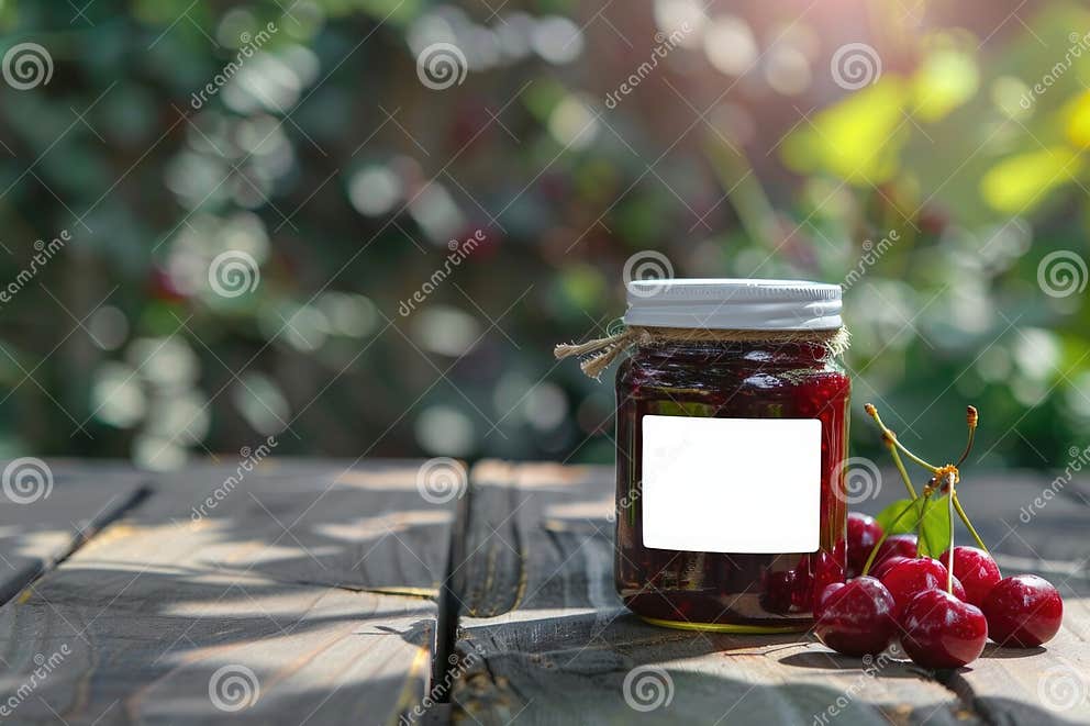 Homemade Cherry Jam in Glass Jar with Blank Label in Rustic Setting ...