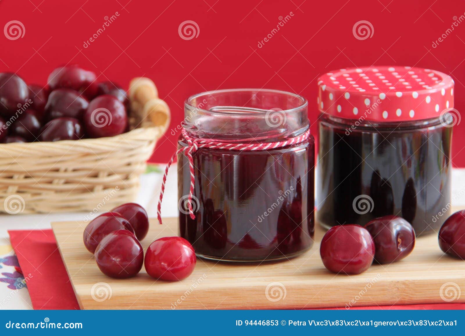 Homemade Cherry Jam in Small Glass Jars. Fresh Cherries on Background ...