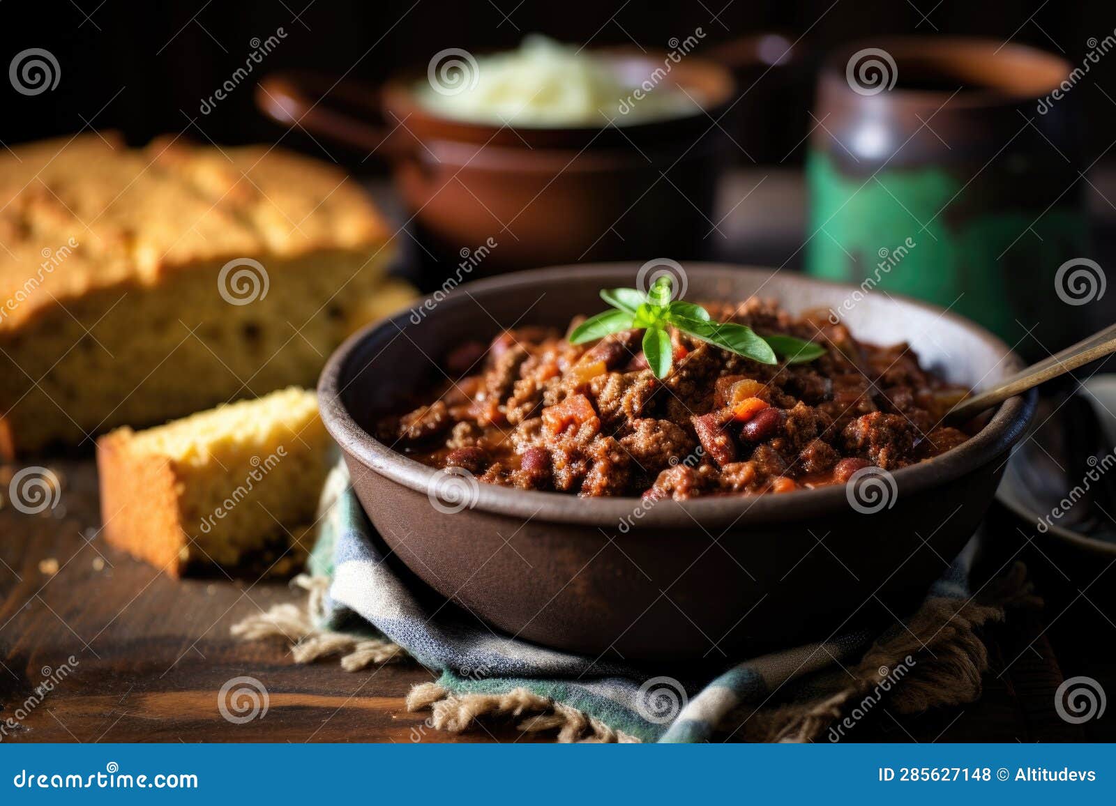 Homemade Chili in a Rustic Bowl with Cornbread Stock Photo - Image of ...