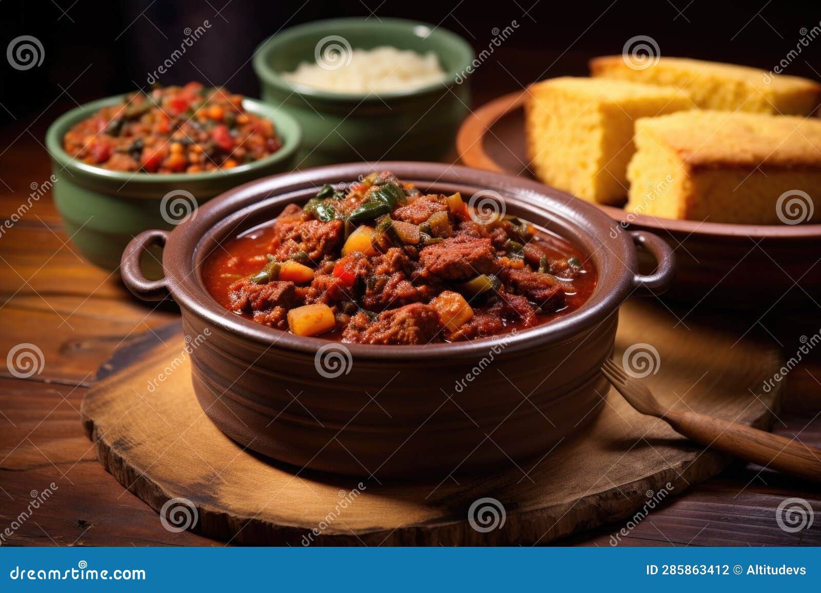 Homemade Chili in a Rustic Bowl with Cornbread Stock Photo - Image of ...