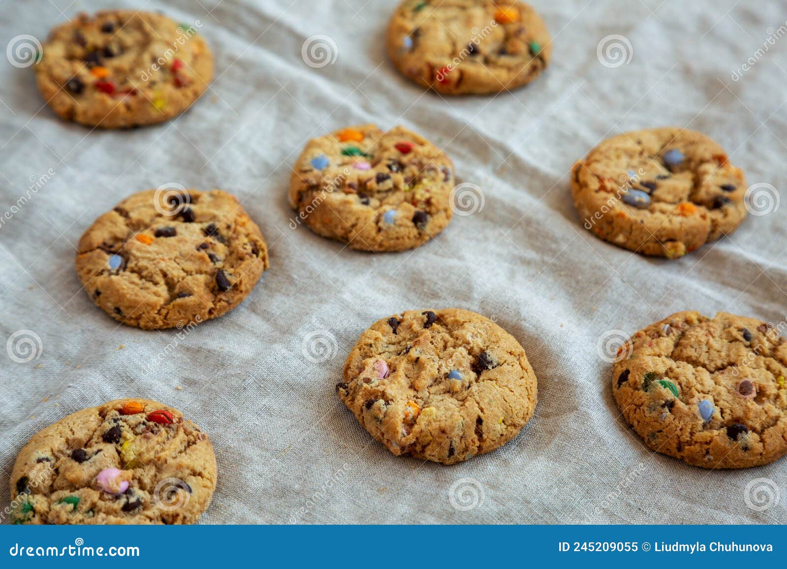 Homemade Chocolate Chip Candy Cookies, Side View Stock Image - Image of ...