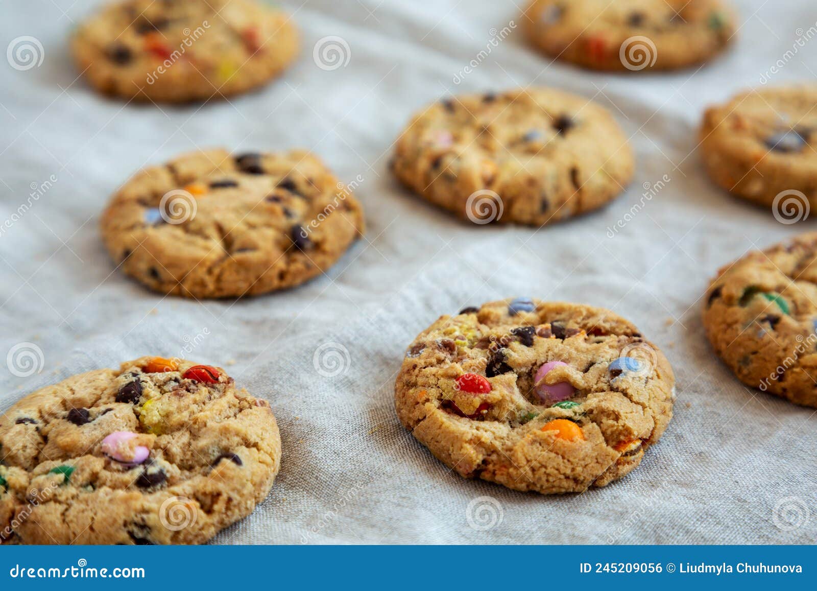 Homemade Chocolate Chip Candy Cookies, Side View Stock Photo - Image of ...
