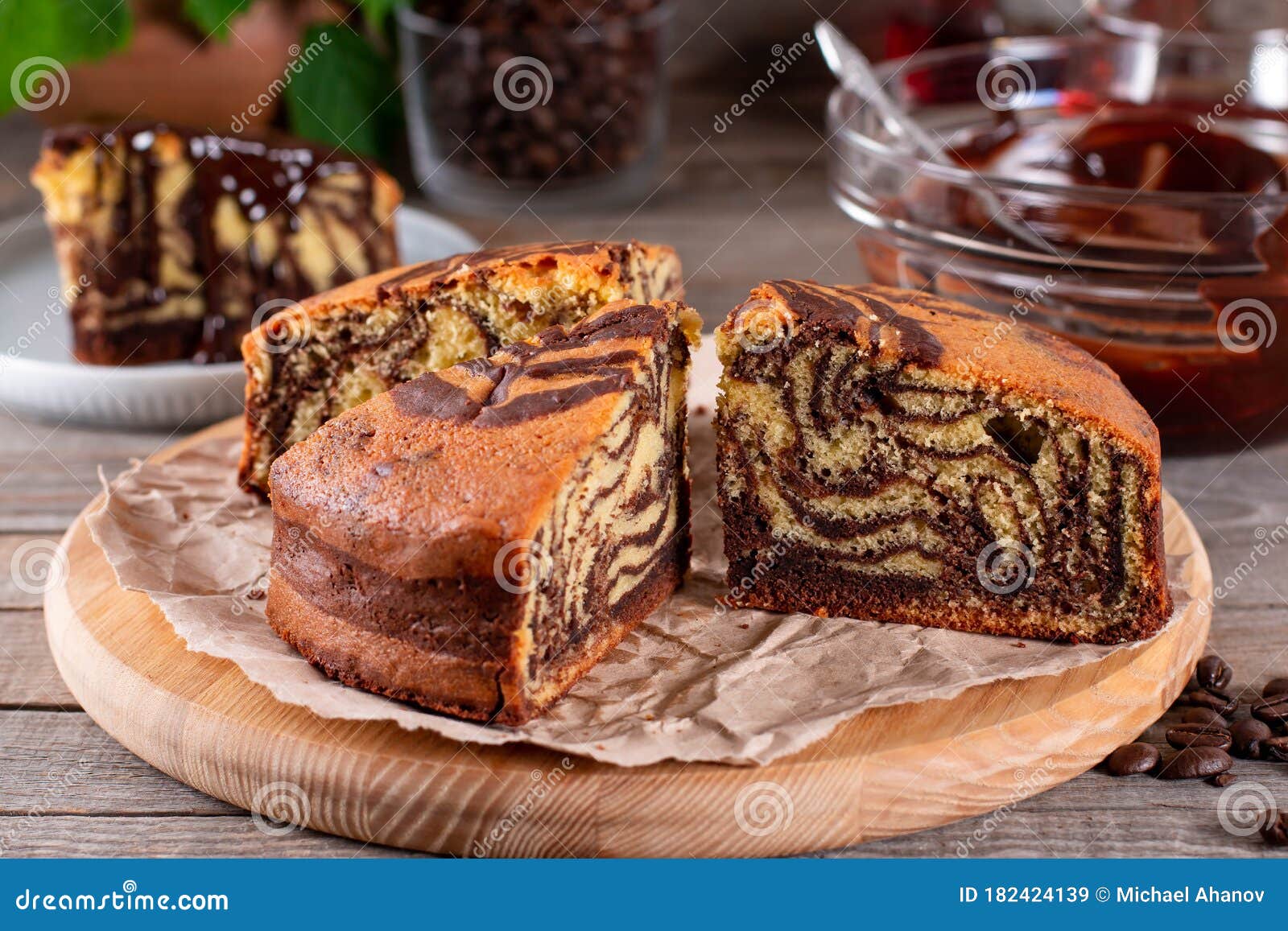 Homemade Chocolate Vanilla Zebra Pie with a Cup of Tea on Wooden Table ...