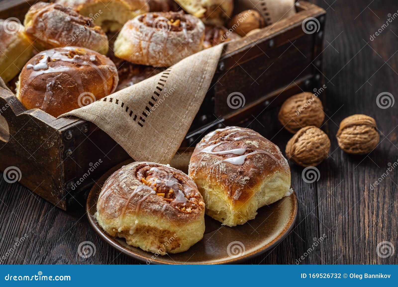 Homemade Cinnamon and Walnut Swirl Buns. Stock Photo - Image of wooden ...