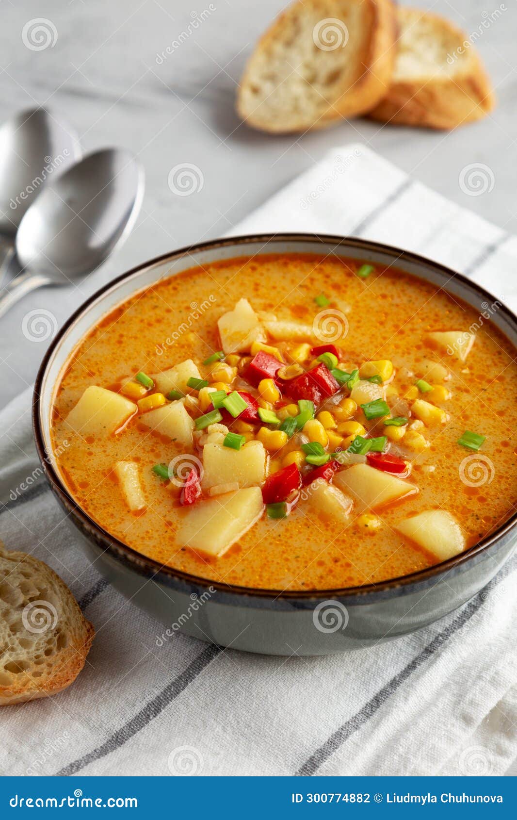 Homemade Corn Chowder in a Bowl, Side View. Close-up Stock Photo ...