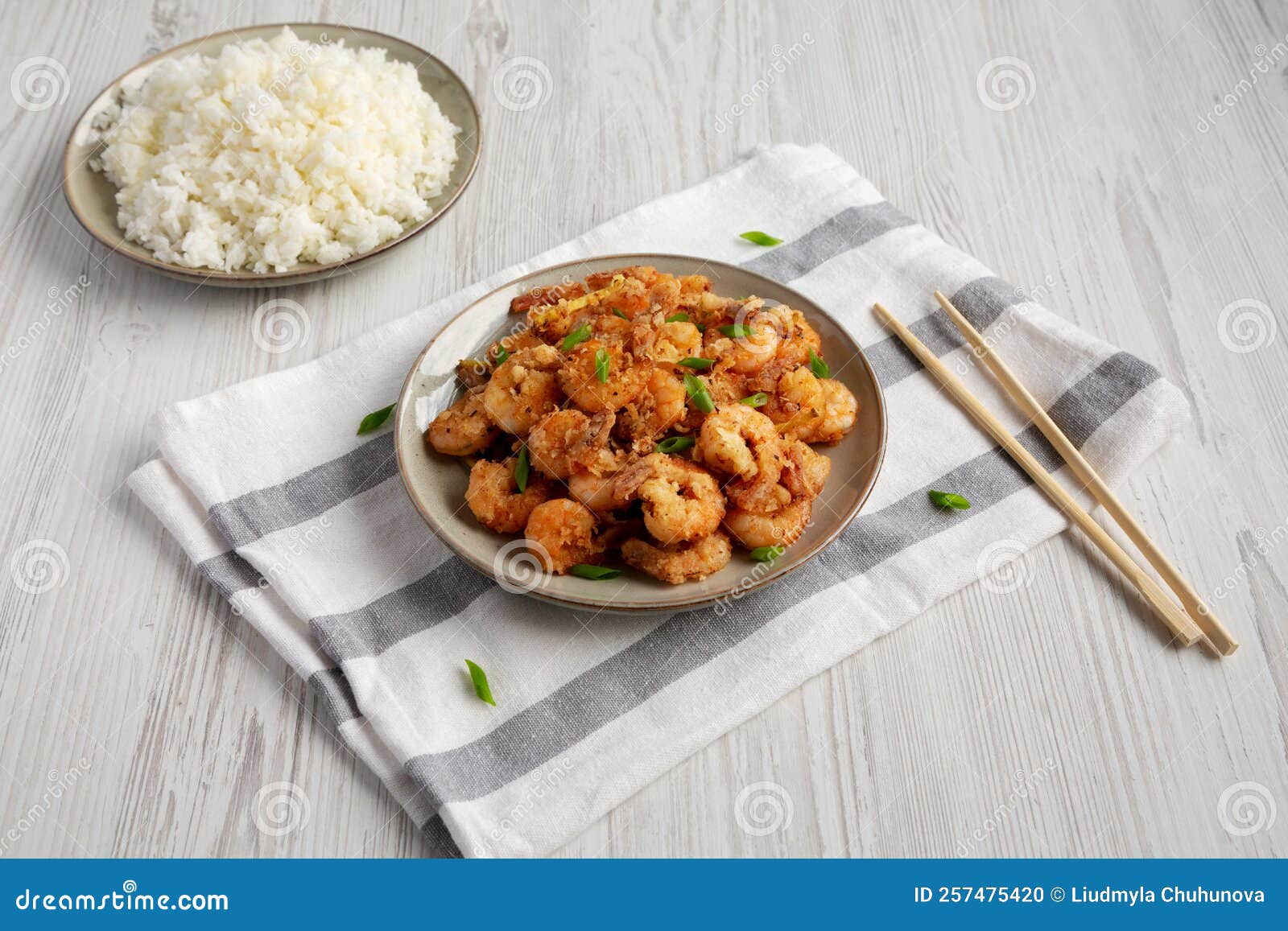 Homemade Crispy Salt and Pepper Shrimp with White Rice, Side View Stock ...
