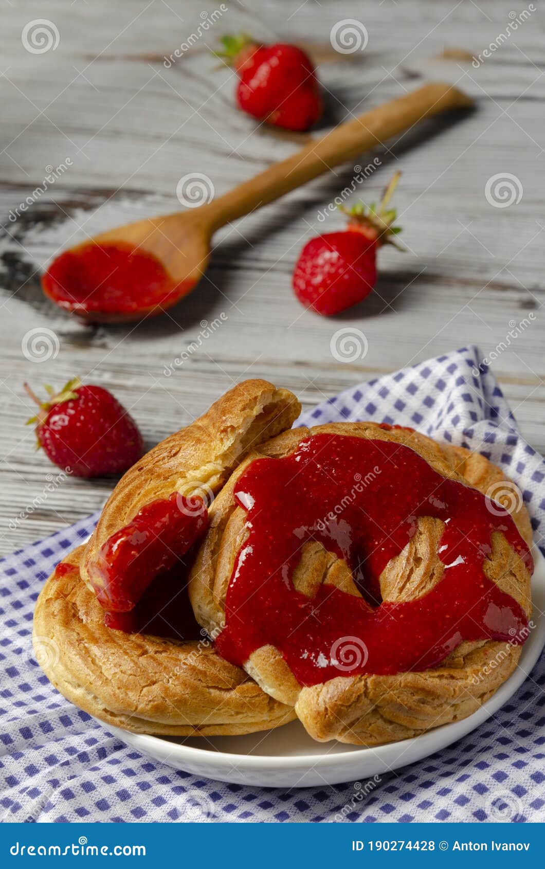 A Homemade Cruller Donuts with Strawberry Jam Stock Photo - Image of ...