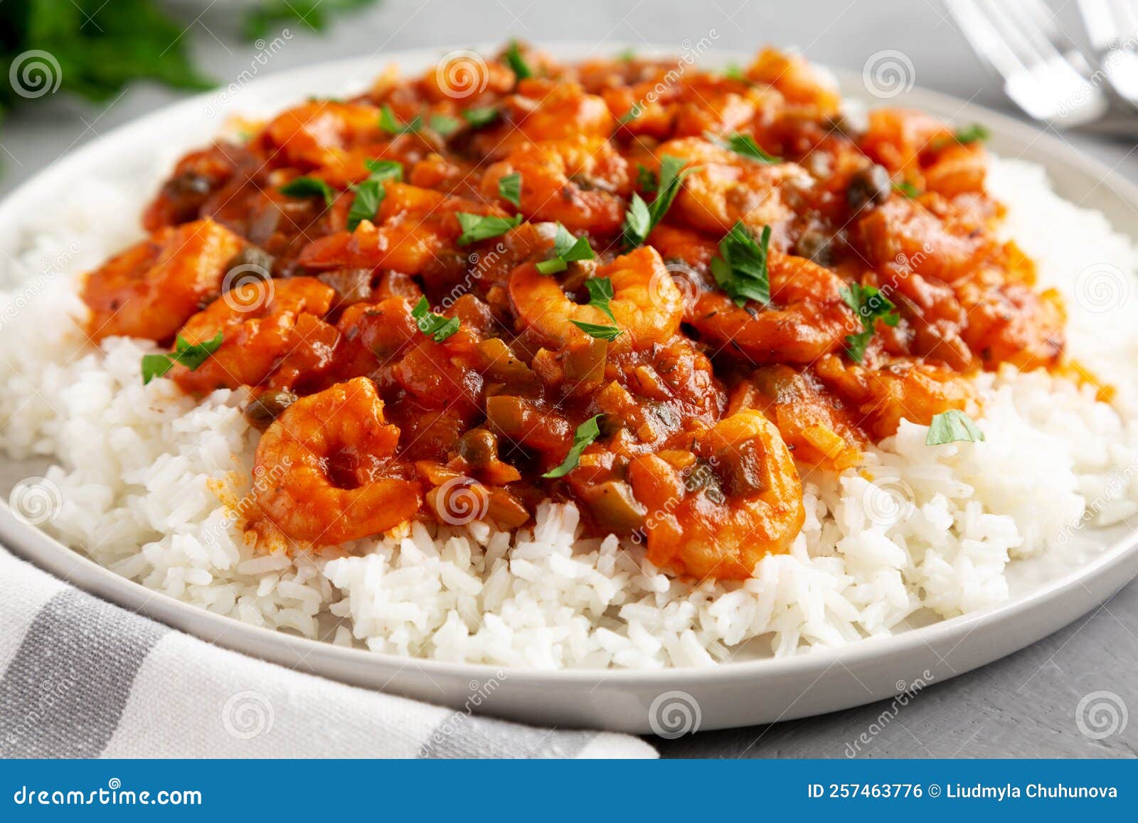 Homemade Cuban Shrimp Creole on a Plate on a Gray Surface, Side View ...