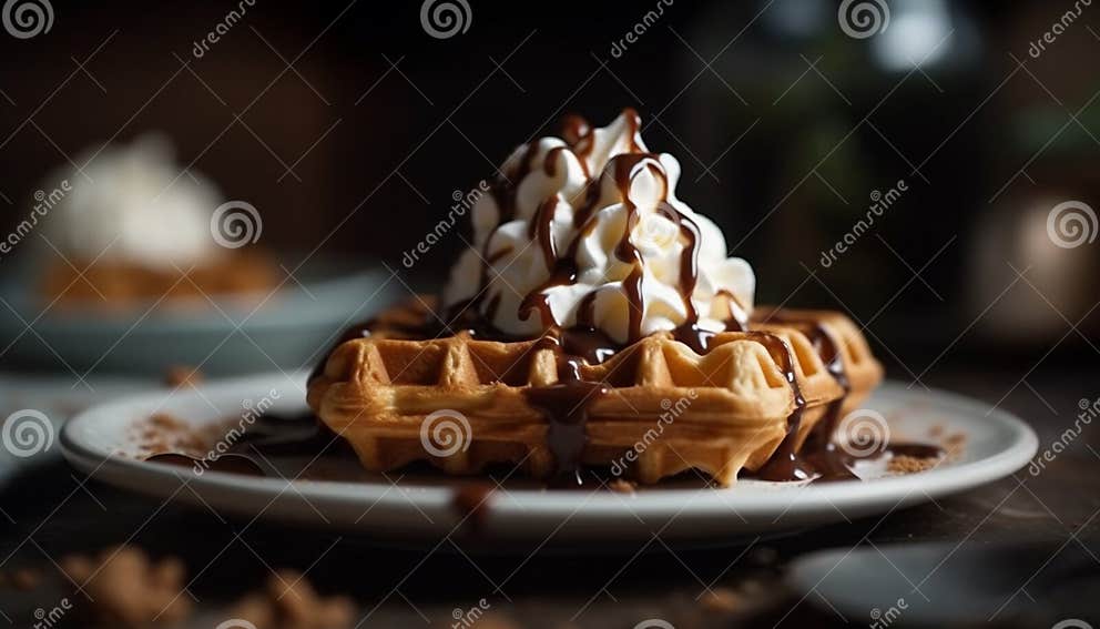 Homemade Dessert Fresh Waffle Stack with Chocolate Sauce and Fruit ...
