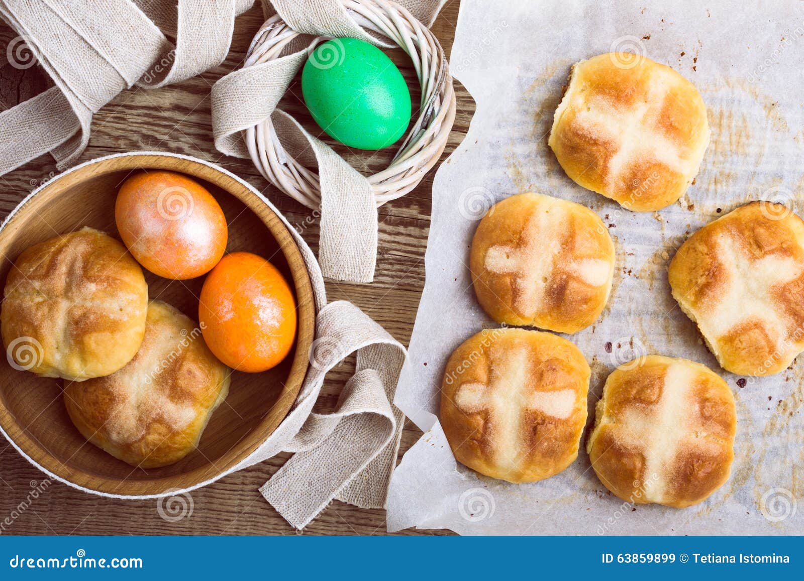 Homemade Easter Hot Cross Buns and Eggs, Top View Stock Image - Image ...