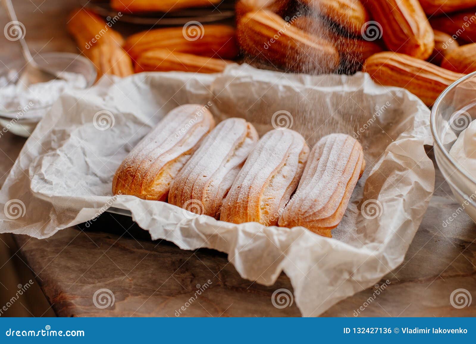 Homemade Eclairs. Preparation of Eclairs in the Home Kitchen Stock ...
