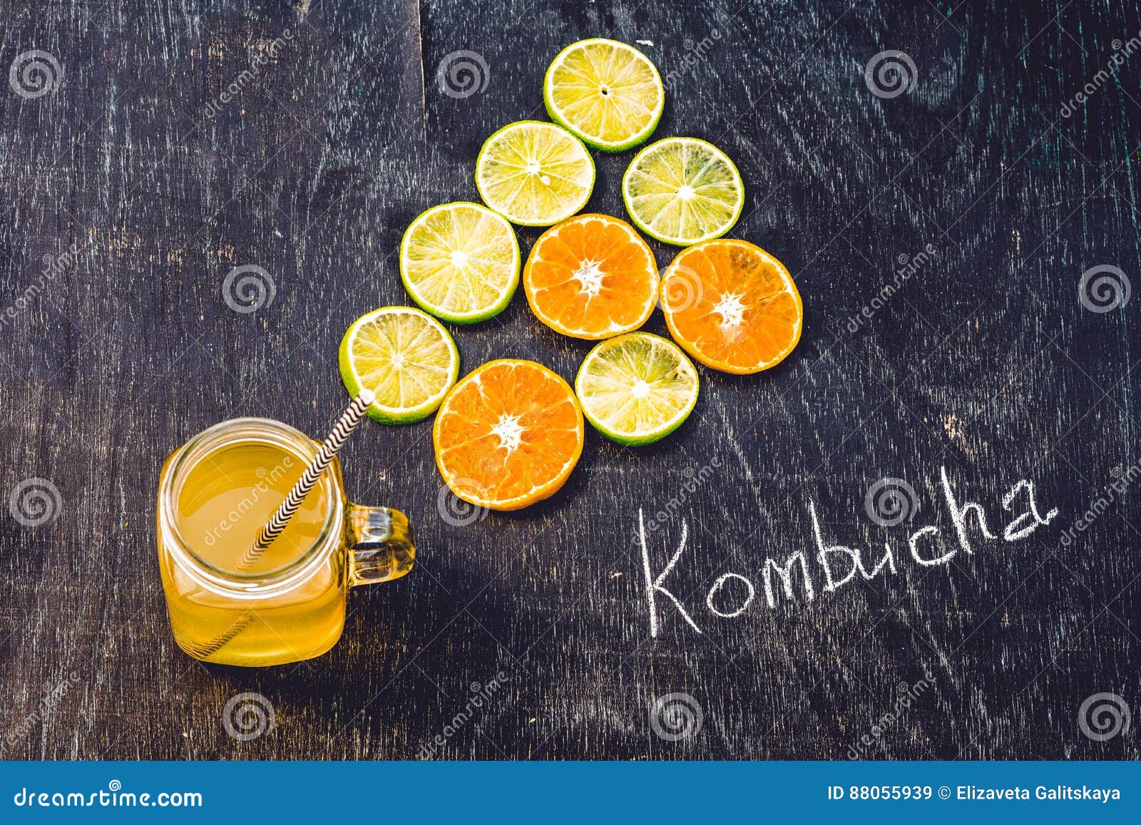 Homemade Fermented Raw Kombucha Tea Ready To Drink With Orange And Lime