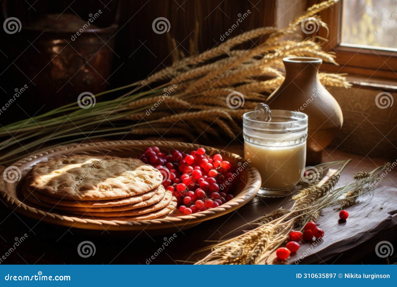 Homemade Flatbreads With Fresh Berries And Wheat Sheaves On Rustic ...