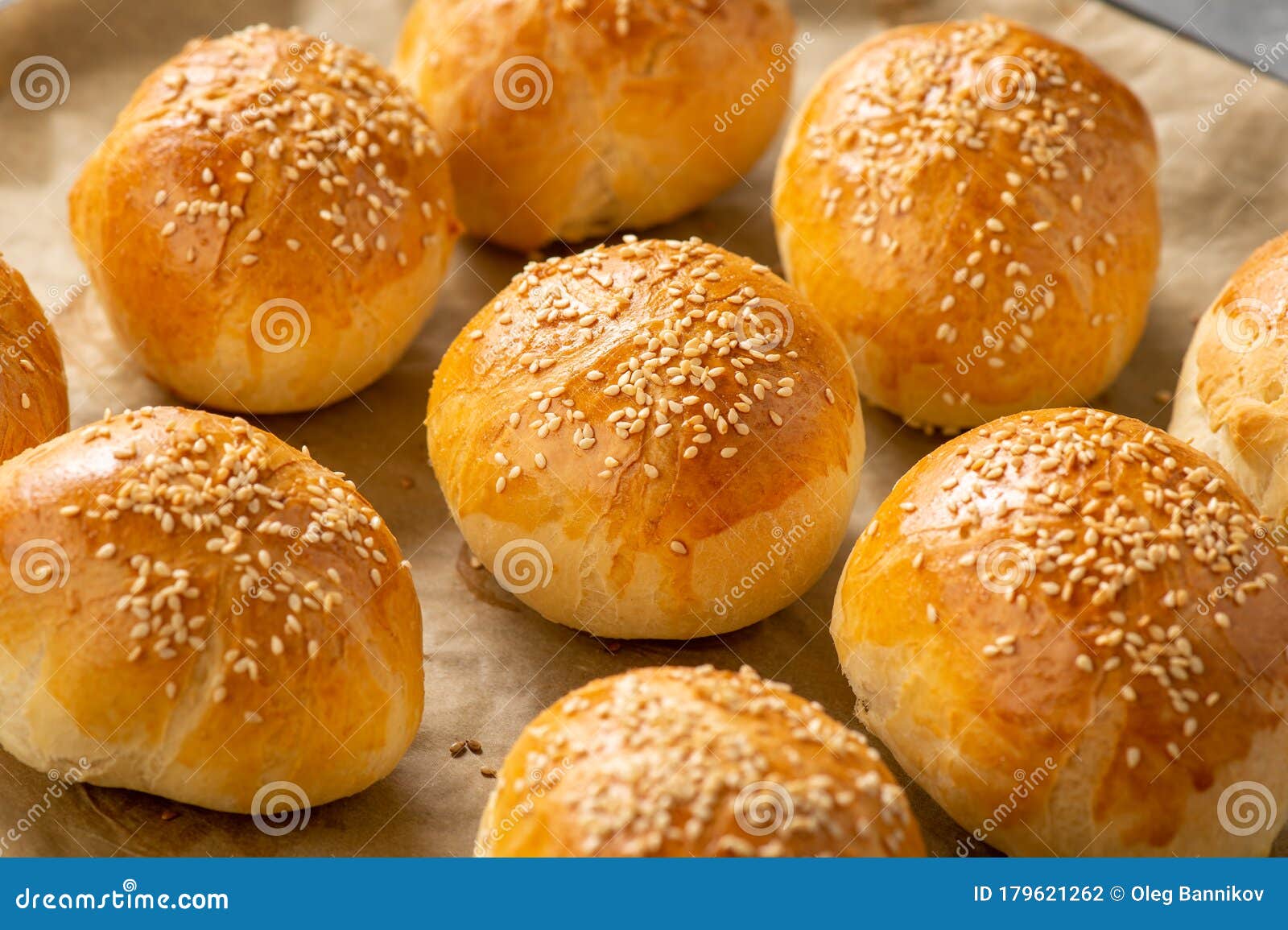 Homemade Fresh Bread Buns with Sesame Seeds. Stock Photo - Image of ...