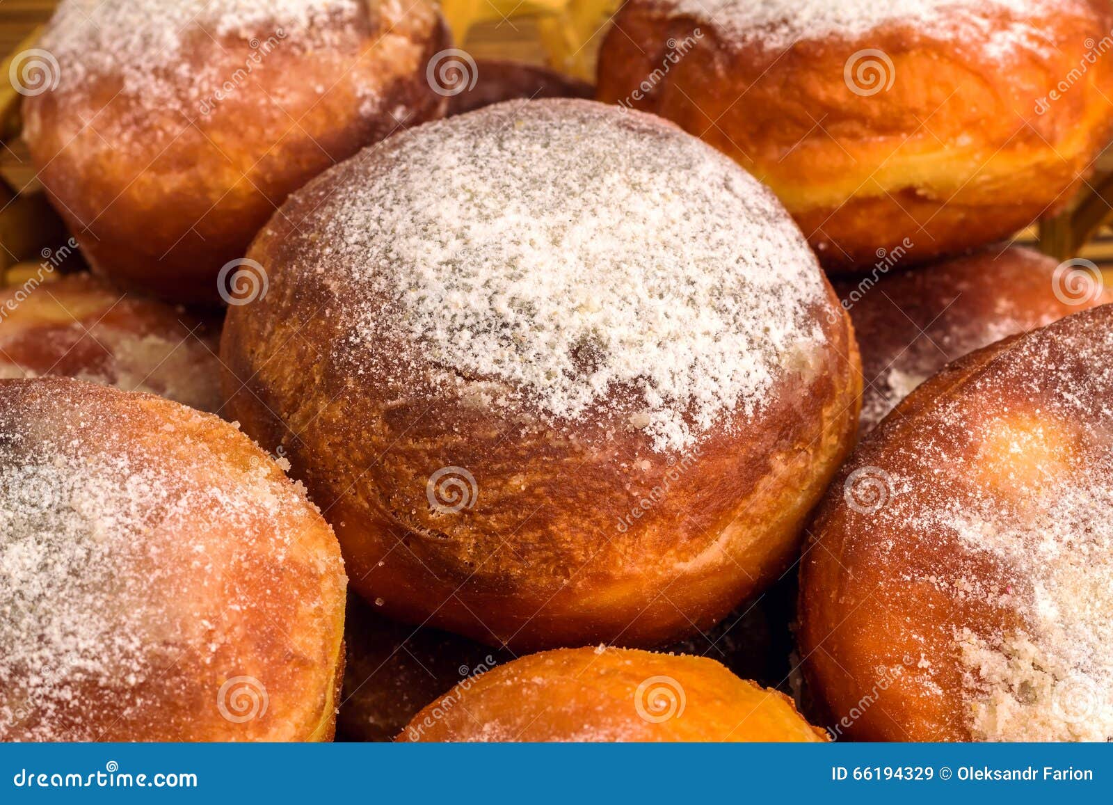 Homemade Fresh Donuts Sprinkled With Powdered Sugar Close Up Stock