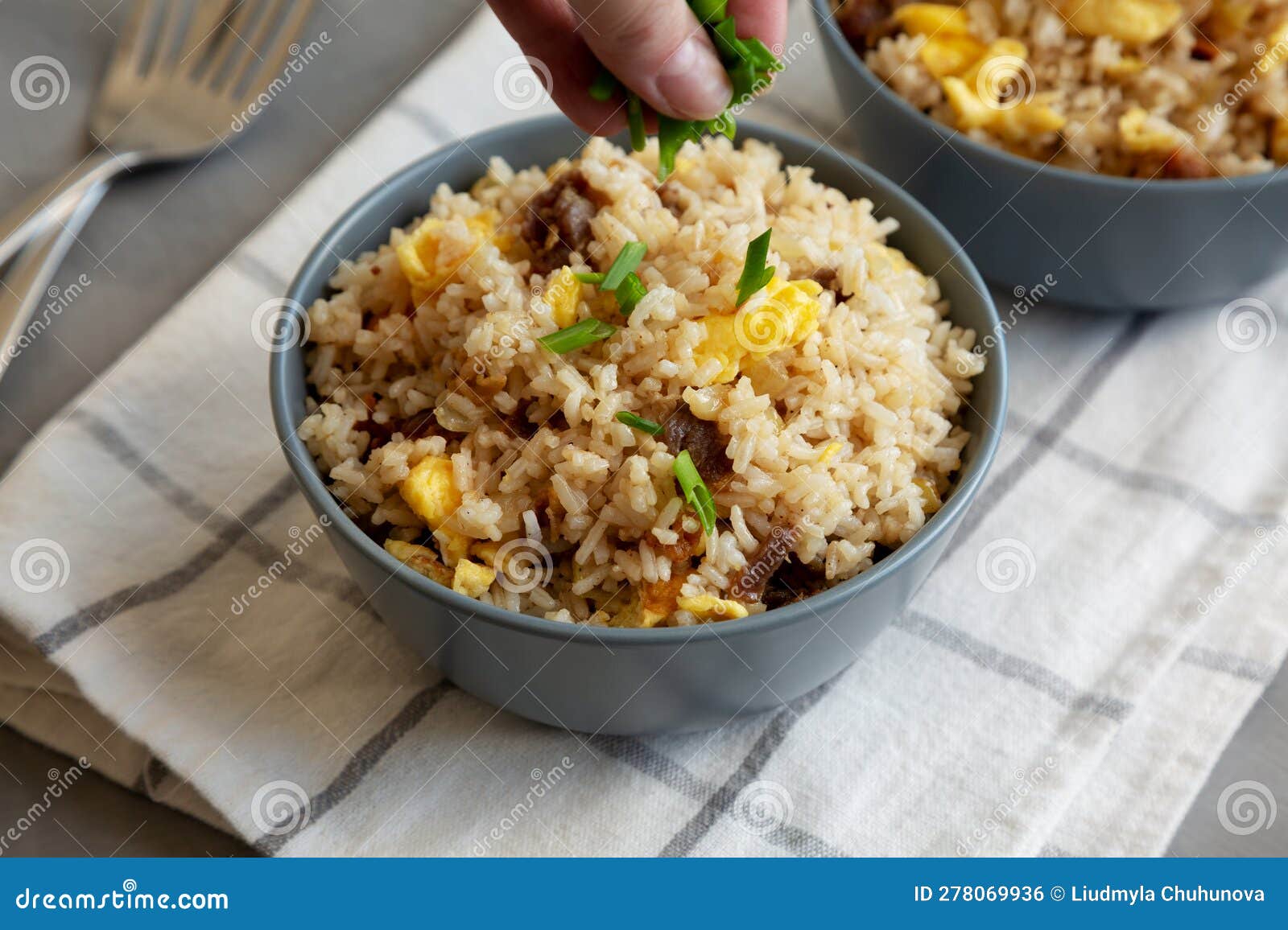 Homemade Fried Rice with Bacon and Egg in a Bowl, Side View Stock Photo ...
