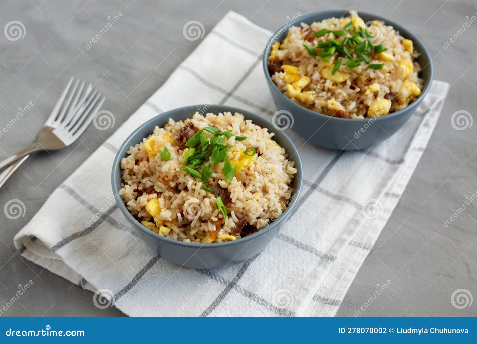 Homemade Fried Rice with Bacon and Egg in a Bowl, Side View Stock Photo ...