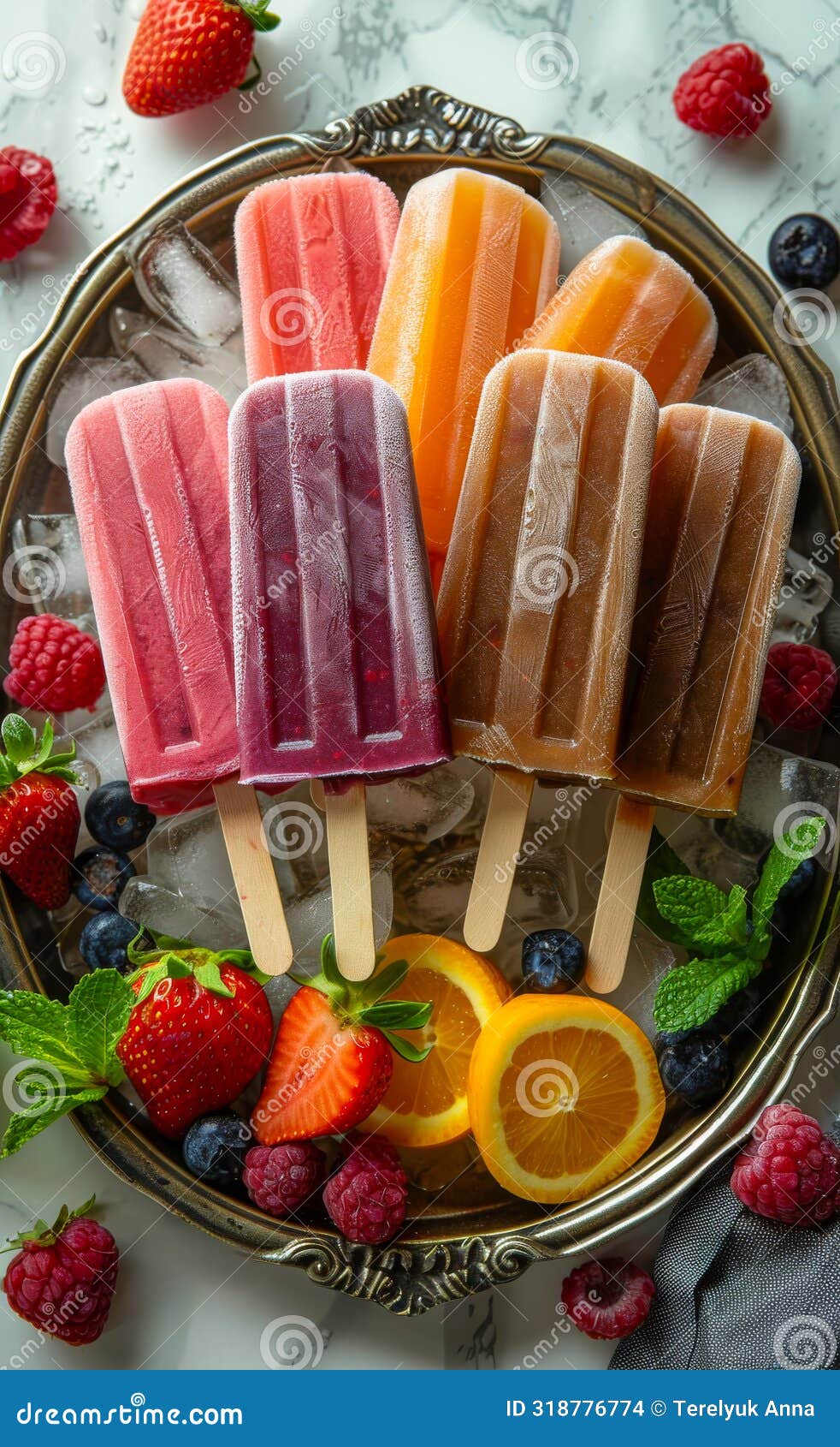 Homemade Fruit Ice Cream Popsicles with Fresh Fruit on Tray Stock Photo ...