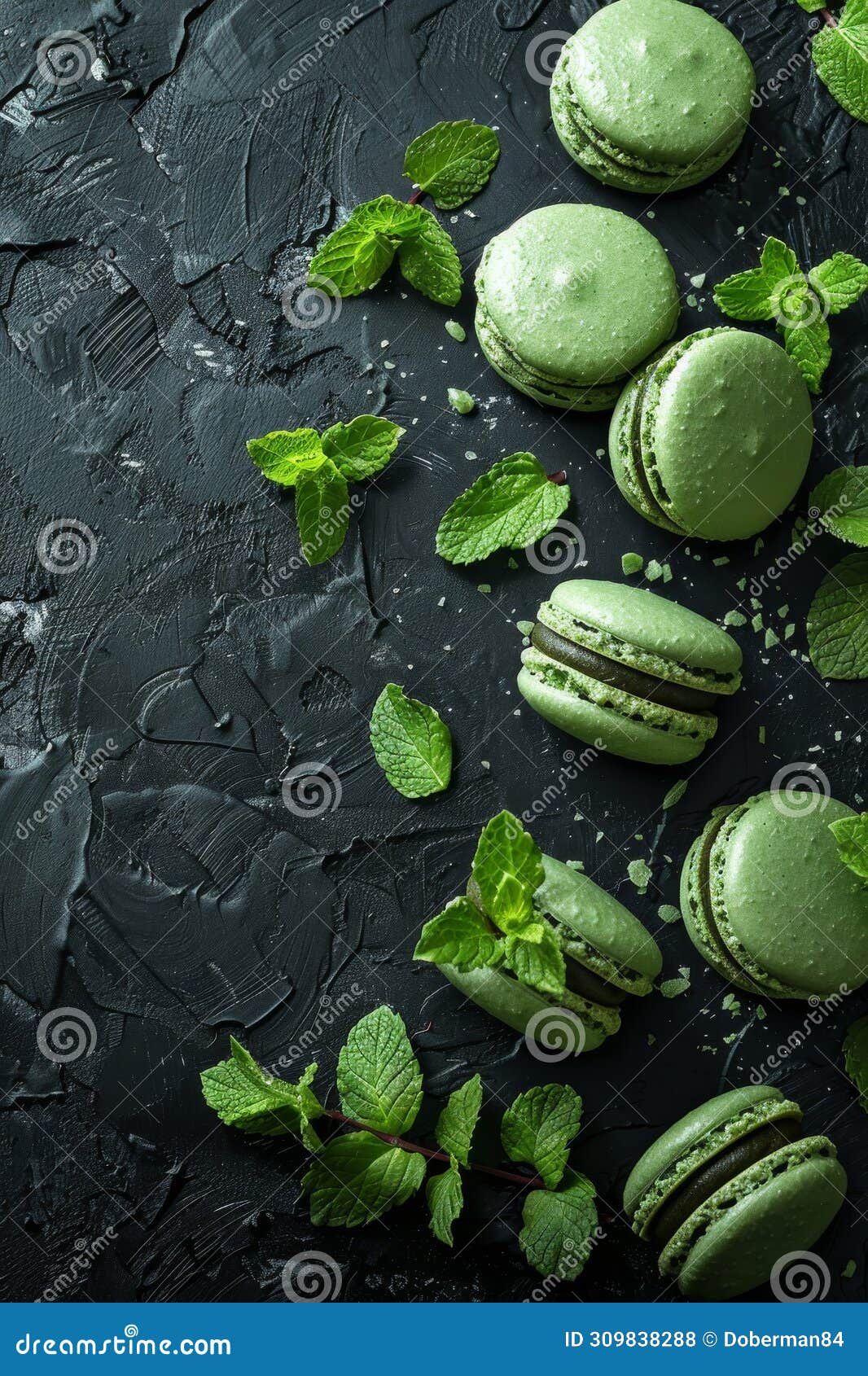Homemade Green Macarons with Fresh Mint Leaves on a Dark Background ...