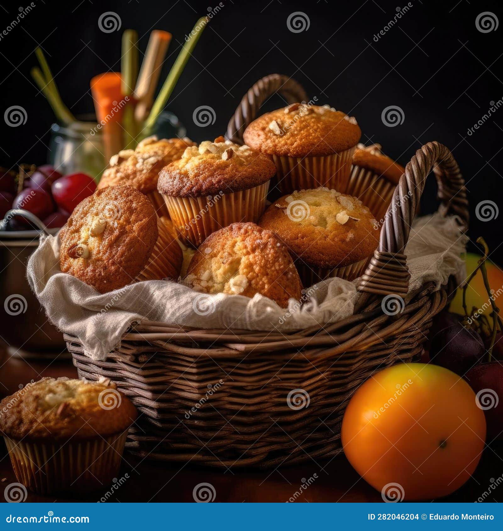 Homemade Muffins in a Wicker Basket on a Dark Background Stock ...