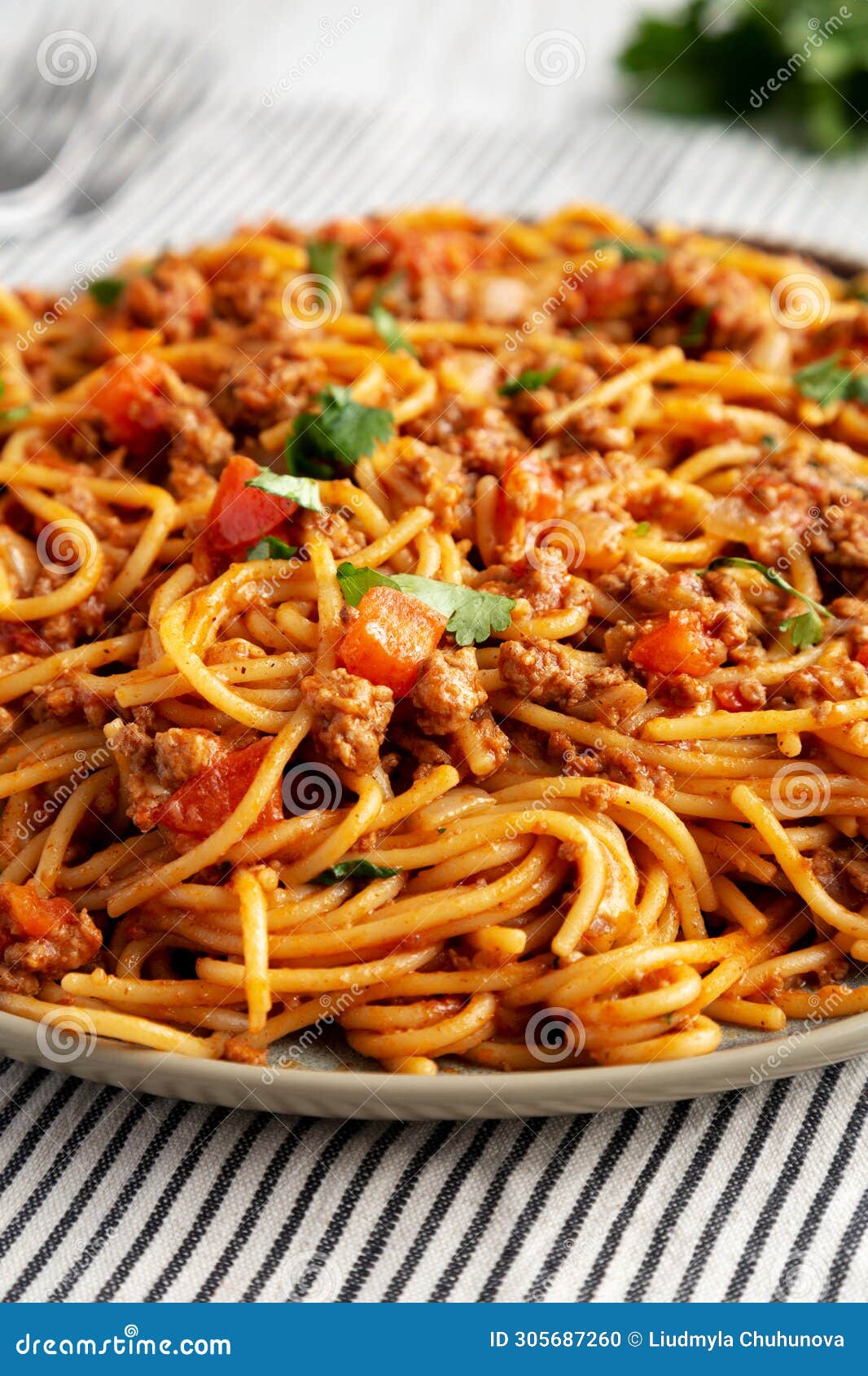 Homemade One-Pot Taco Spaghetti on a Plate, Side View Stock Photo ...