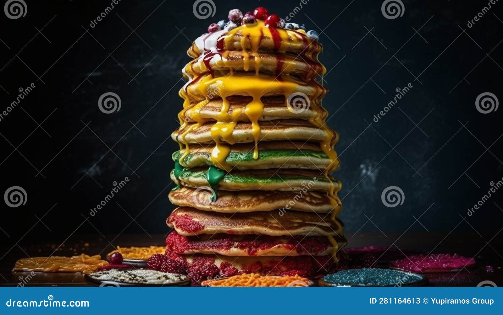 Homemade Pancake Stack with Caramel Syrup and Berry Fruit Decoration ...